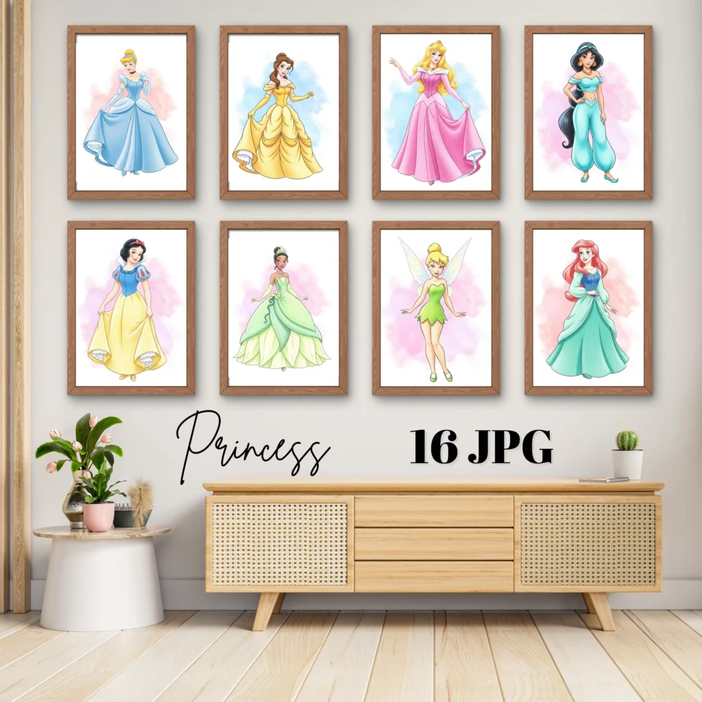 Princesses Wall Art, 16 Prints Set with Watercolor Splatter, Playroom ...