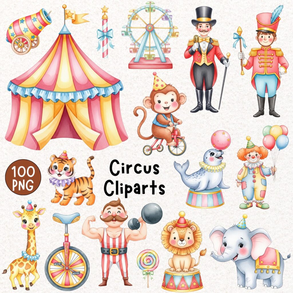 Circus Watercolor Clipart, Cute Carnival Animals, Adorable Circus PNG ...